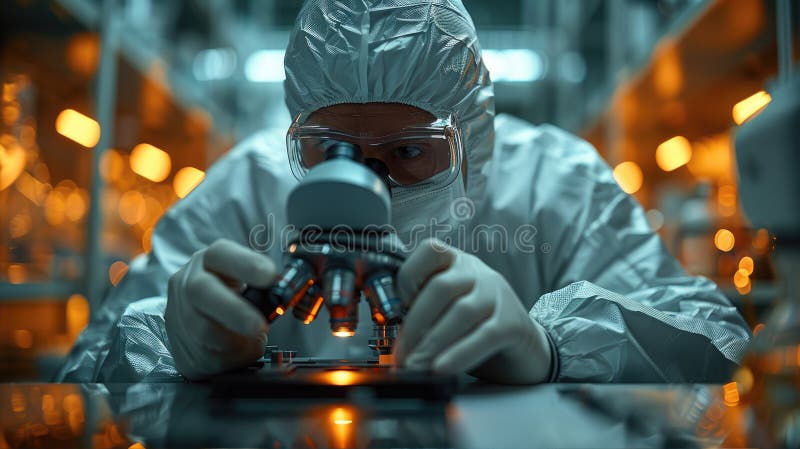 Man in a Protective Suit Looks through a Microscope in a Science ...
