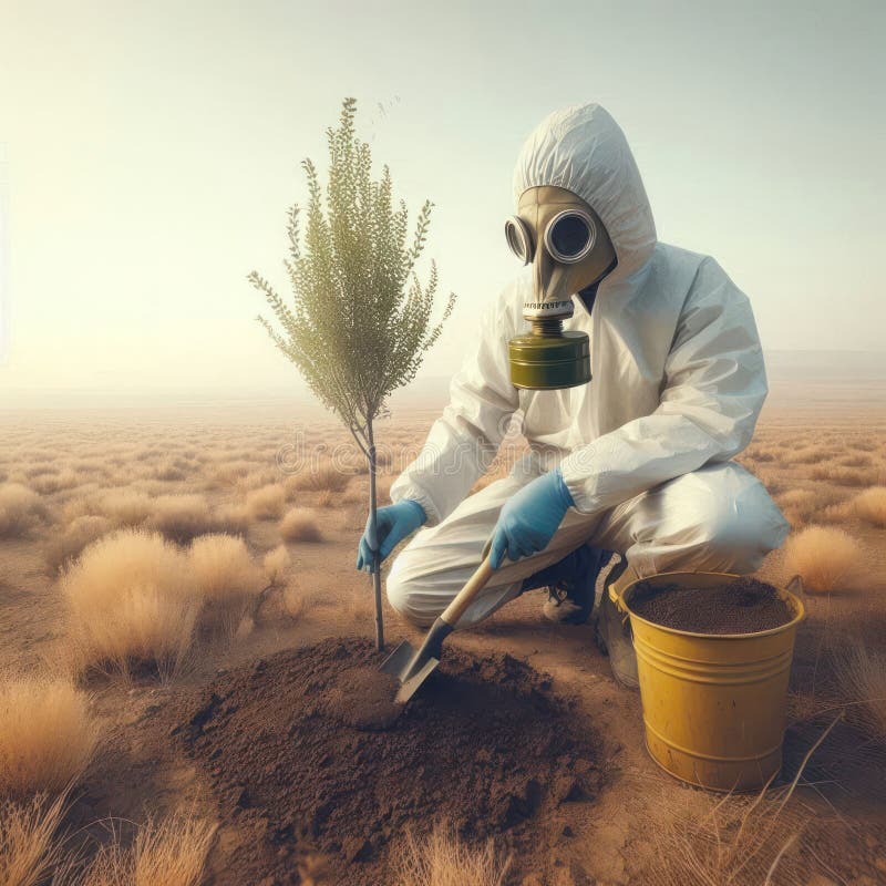 A Man in a Protective Suit Planting a Tree in the Desert. Stock Image ...