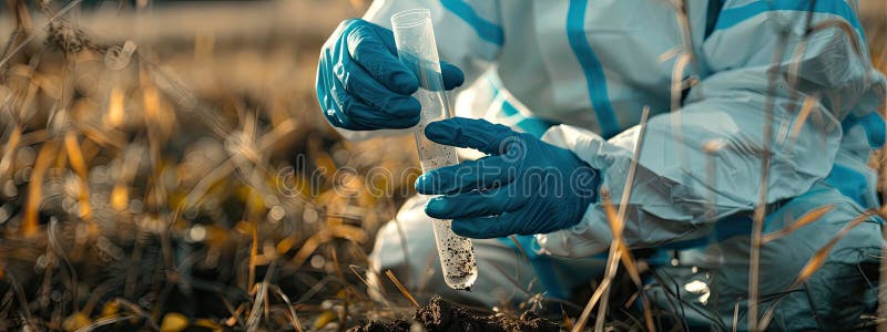 Man Protective Suit Takes Soil Samples Selective Focus Stock Photos ...