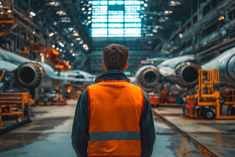 A Man in a Protective Vest Visits an Aircraft Factory. Back View Stock ...