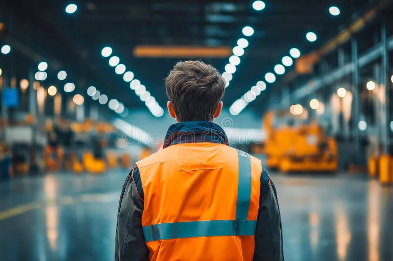 A Man in a Protective Vest Visits an Aircraft Factory. Back View Stock ...