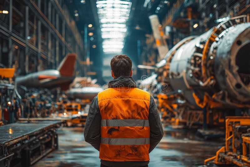 A Man in a Protective Vest Visits an Aircraft Factory. Back View Stock ...