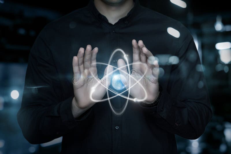 Man Protects the Atom with a Gesture Stock Photo - Image of energy ...