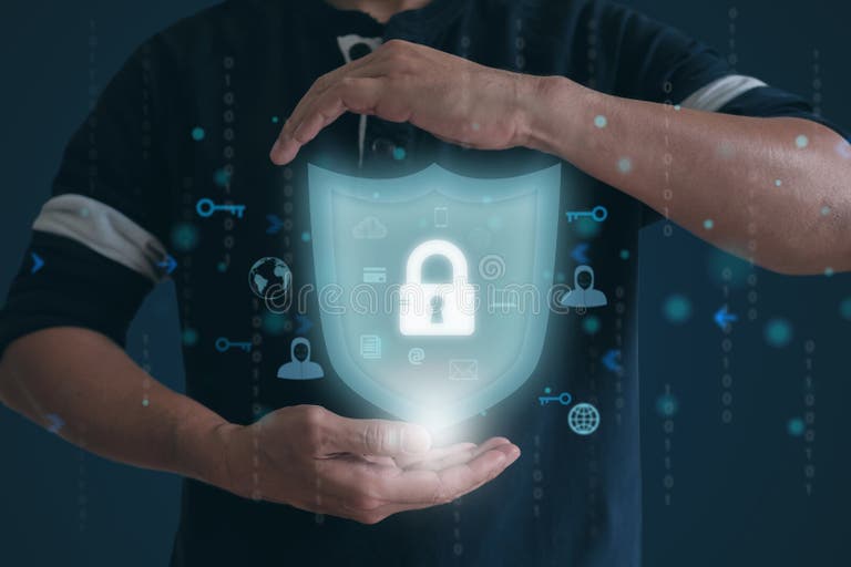 Man Protects Personal Data on Virtual Screen Interfaces. Lock Icon and ...