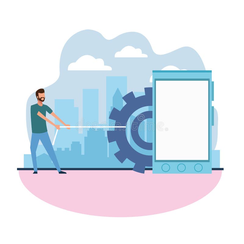 Man Pulling a Gear Wheel and Smartphone Device Stock Vector ...