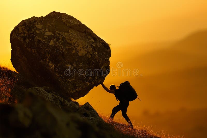 Man Pushing a Boulder on a Mountain Stock Illustration - Illustration ...