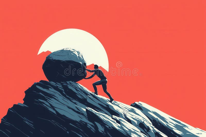 Man Pushing Boulder on Mountain Under Glowing Sunset, Perseverance and ...