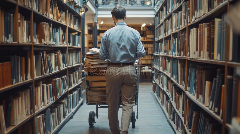 Man Pushing Cart of Books in a Library with High Shelves Containing ...