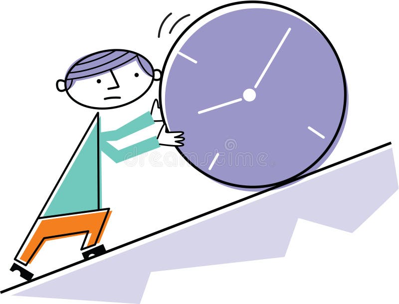 Man pushing clock uphill stock illustration. Illustration of move ...