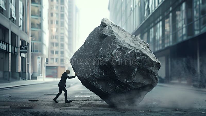 Man Pushing a Giant Boulder in a Desolate Urban Setting. Concept of ...