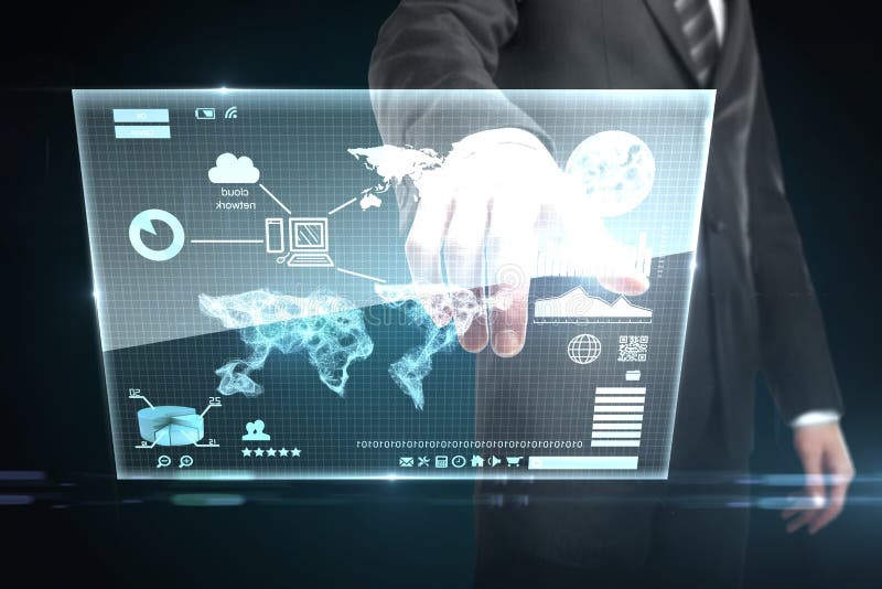Businessman Hand Pushing New Technology Button on Modern Comput Stock ...