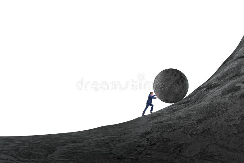 Man Pushing Large Stone To the Top Stock Image - Image of determination ...