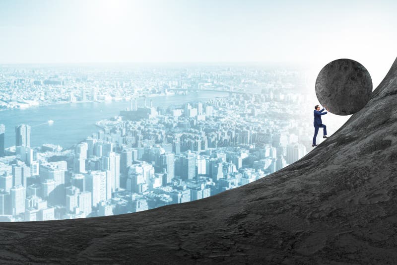Man Pushing Large Stone To the Top Stock Photo - Image of concept ...