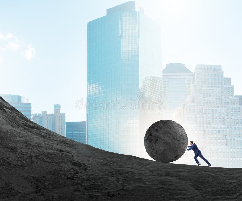 Man Pushing Large Stone To the Top Stock Photo - Image of persistence ...
