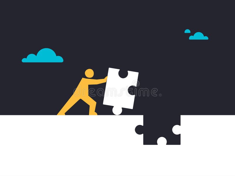 A Man is Pushing the Last Piece of Puzzle. Isolated Vector Illustration ...