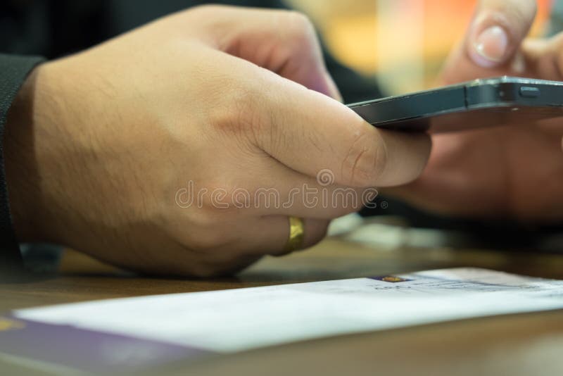 Man Pushing on Mobile Phone Stock Image - Image of touchscreen, message ...