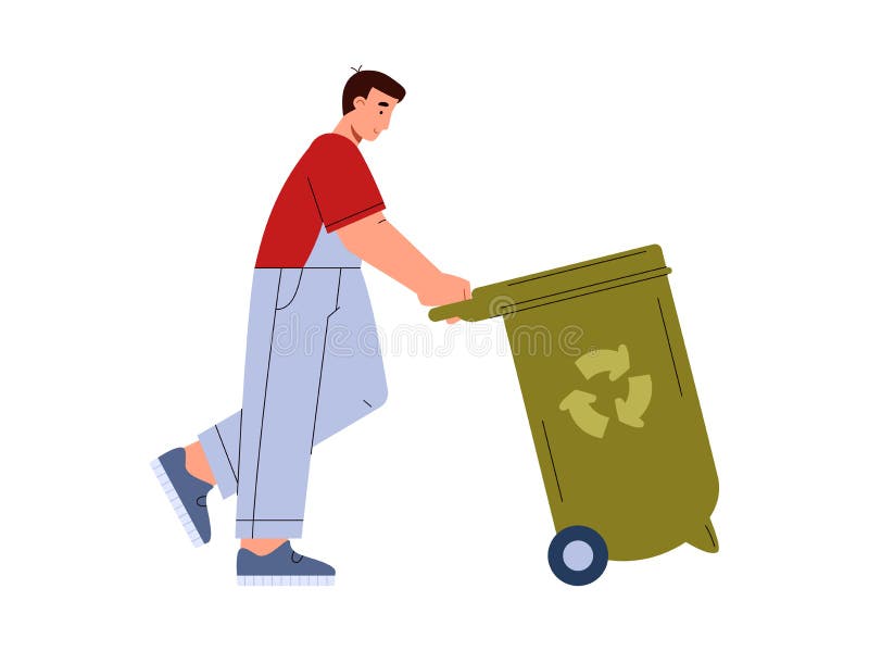 Man Pushing Plastic Litter Bin on Wheels Flat Vector Illustration ...