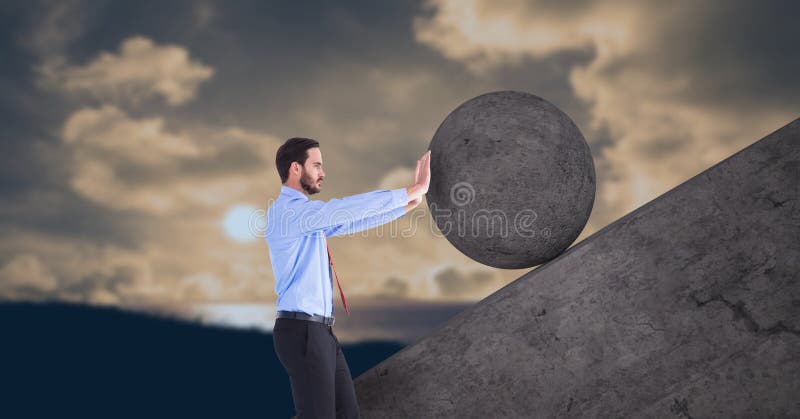 Man Pushing Rolling Round Rock Stock Photo - Image of composite ...