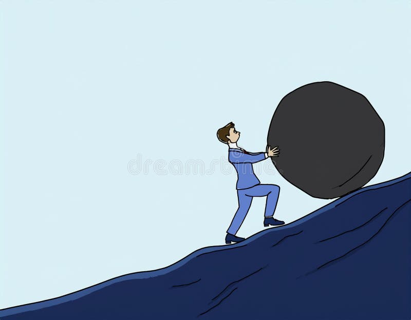 Man Pushing Stone Uphill with Determination Overcoming Obstacles ...