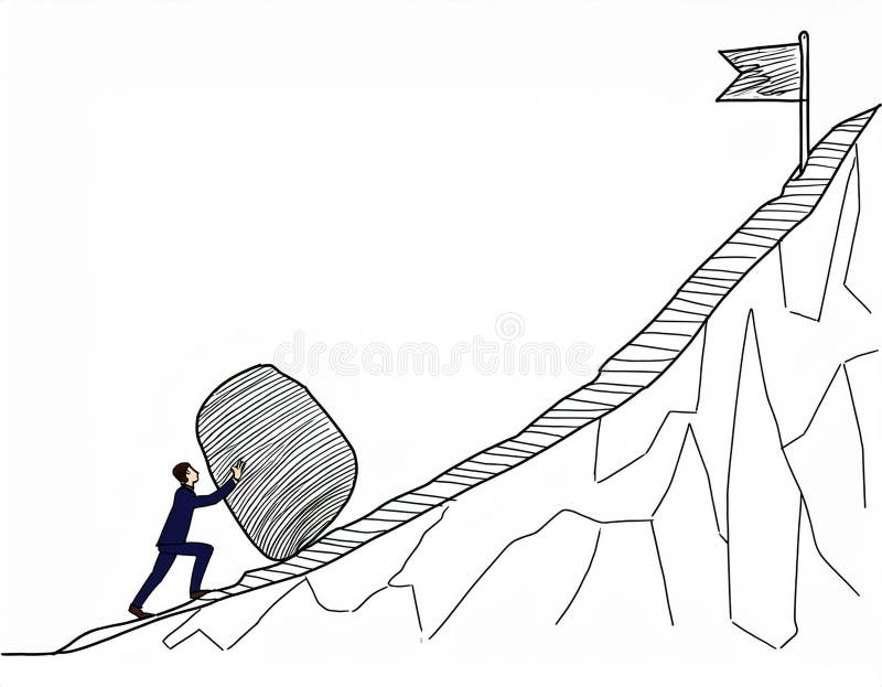 Man Pushing Stone Uphill with Determination Overcoming Obstacles ...
