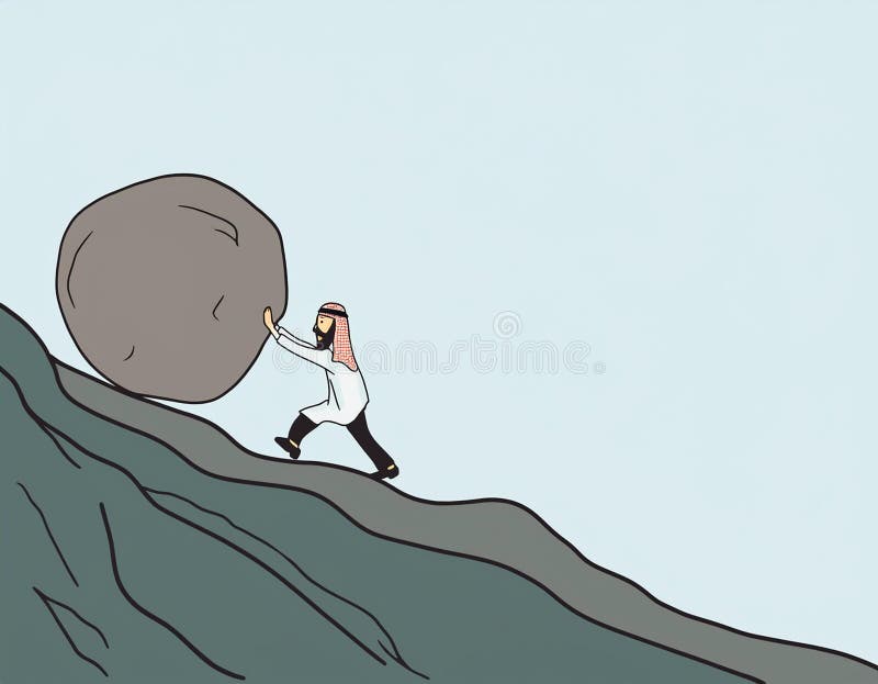 Man Pushing Stone Uphill with Determination Overcoming Obstacles ...