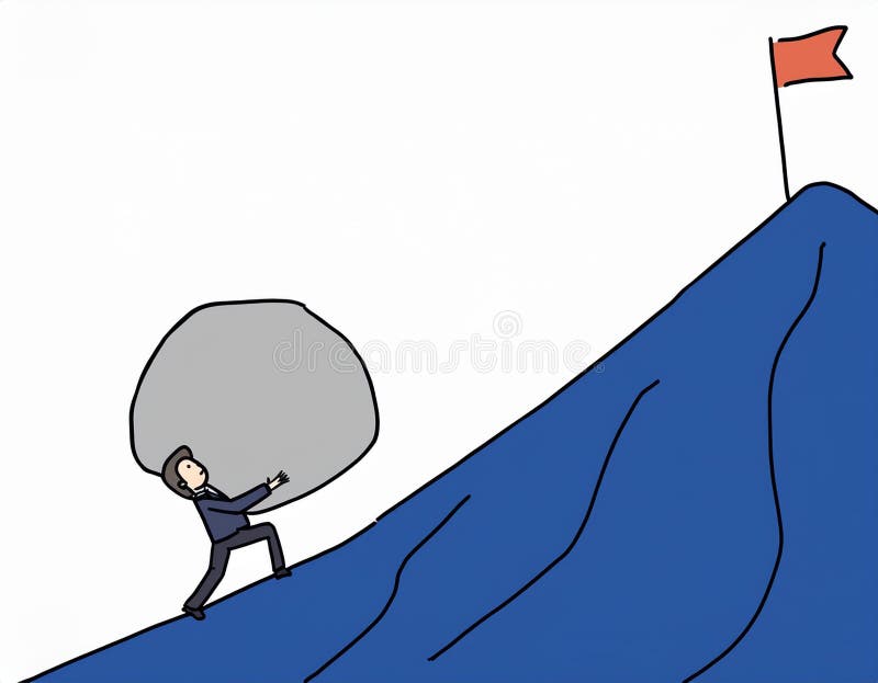 Man Pushing Stone Uphill with Determination Overcoming Obstacles ...