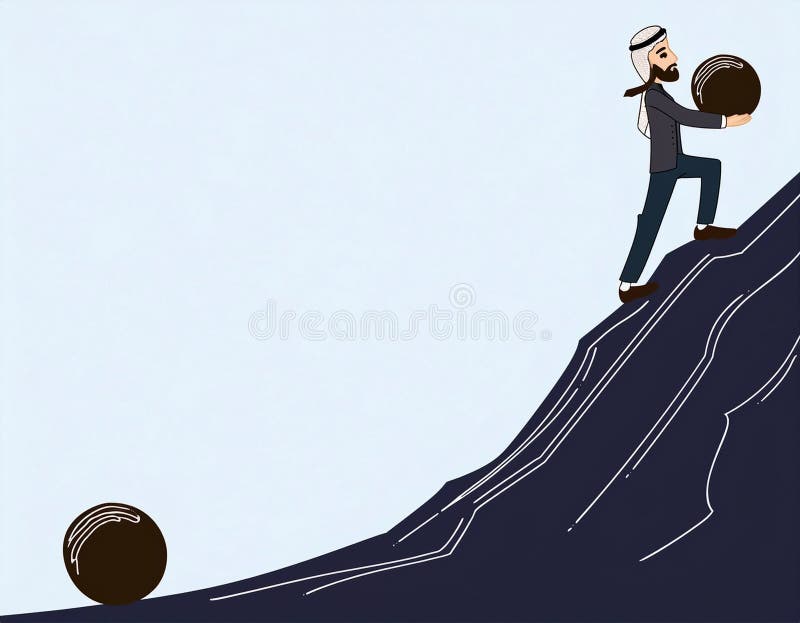 Man Pushing Stone Uphill with Determination Overcoming Obstacles ...