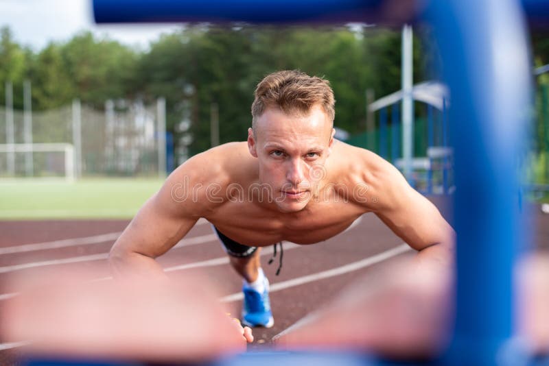 The Man is Pushing Up from the Bench Stock Photo - Image of active ...