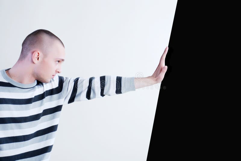 Man pushing wall stock image. Image of hair, empty, person - 5067005