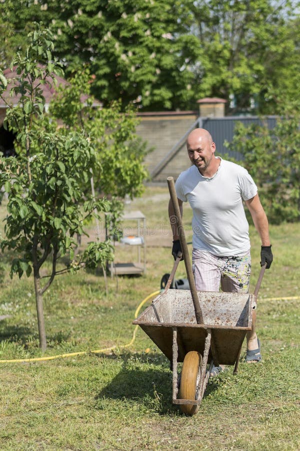 Man Pushing Wheelbarrow. Young Man Pushing a Wheelbarrow on the Farm ...