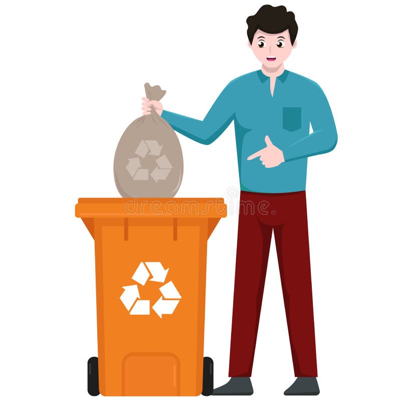 Man Put Trash Garbage into Recycle Bin Stock Vector - Illustration of ...