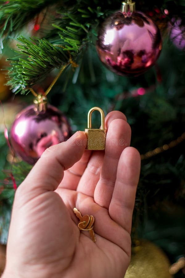 A Man Puts a Lock on the Christmas Tree Stock Image - Image of year ...