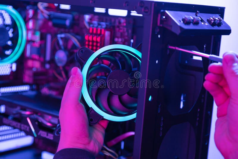Man Puts Modern Fan with Blue Led Light Stock Image - Image of neon ...