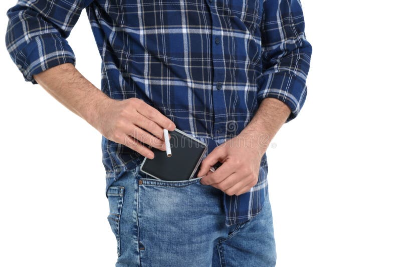Man Putting Cigarette Case into Pocket Isolated on White, Closeup Stock ...