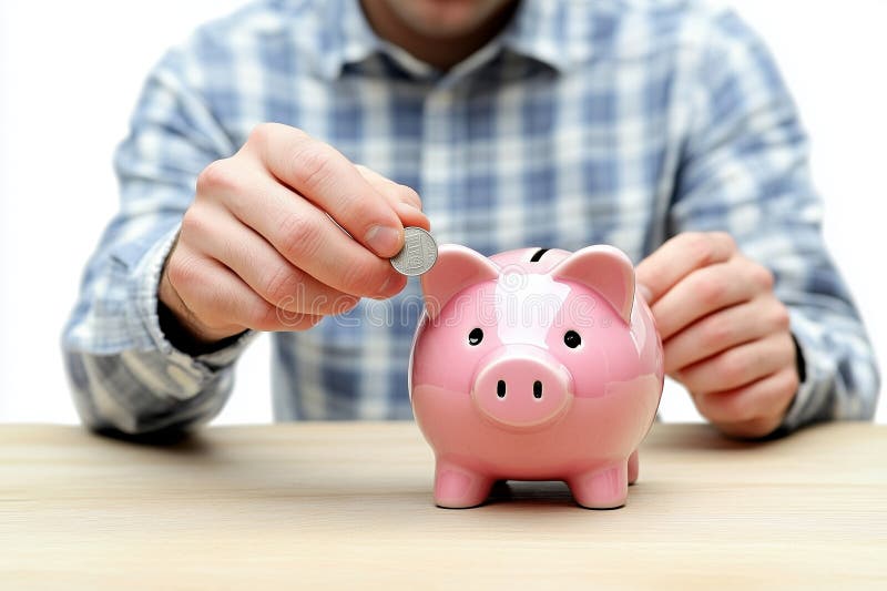 A Man Putting a Coin into a Piggy Bank Ai Photo Stock Illustration ...