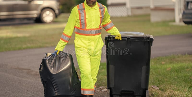 Man Putting Garbage Bag in a Trash Bin. Environmental Protection ...