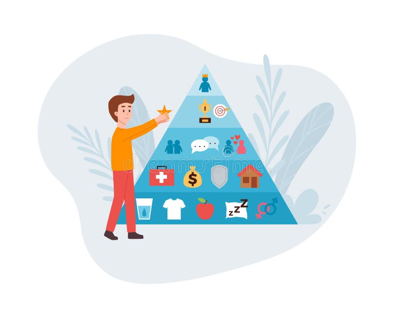 Man Putting a Star on Maslow Pyramid of Needs, Flat Vector Illustration ...