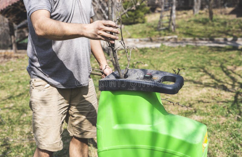 Man Putting Tree Branches into Garden Shredder Stock Image - Image of ...