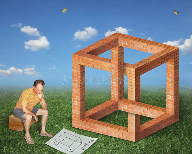 Man Puzzled Near Impossible Brick Cube Stock Image - Image of labor ...