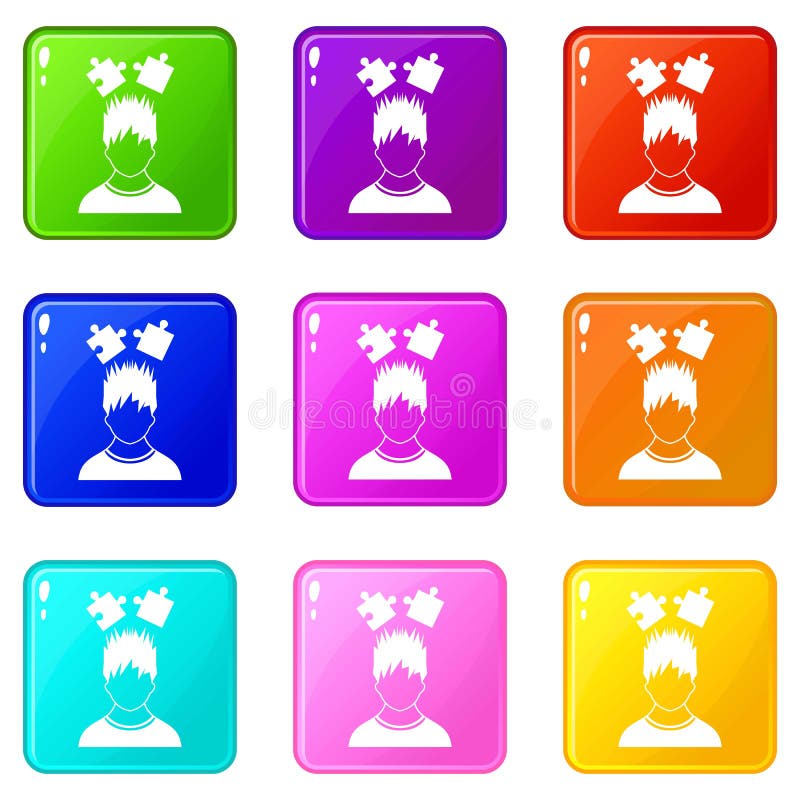 Man with Puzzles Over Head Icons 9 Set Stock Vector - Illustration of ...