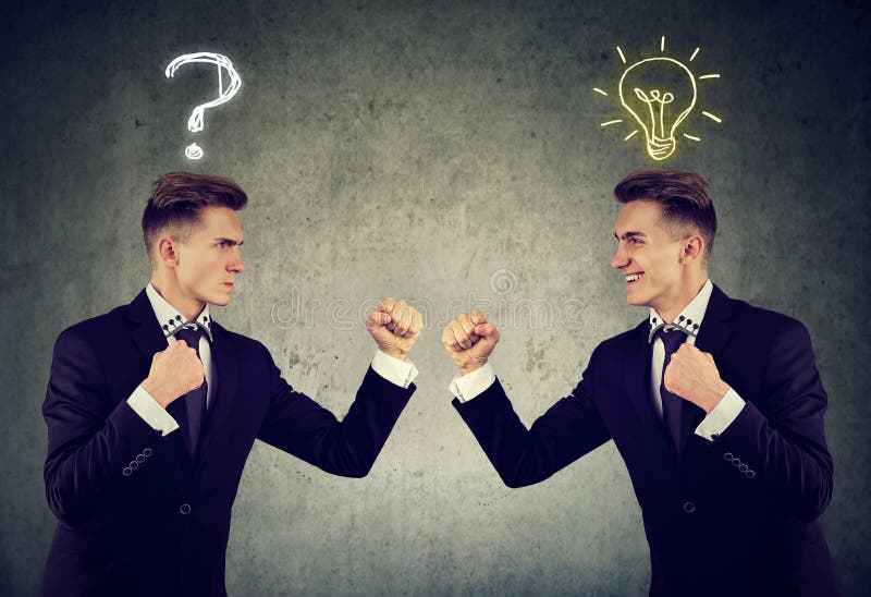 Man with Question Mark Fighting a Guy with Bright Idea Stock Image ...