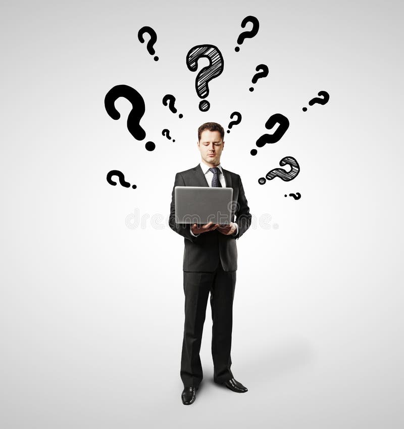 Perplexed Man with Laptop Many Questions and No Answer Stock Photo ...