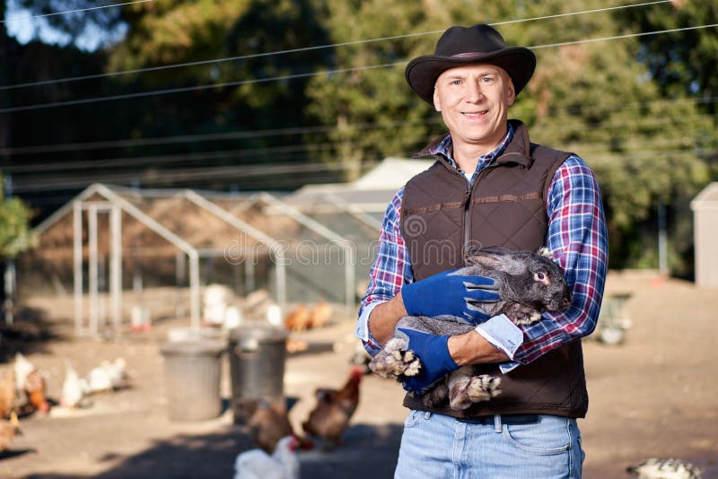 Man with Rabbit. Farmer Holds Bunny in Farm. Stock Image - Image of ...