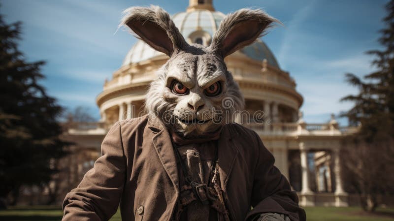 A Man in a Rabbit Mask Standing Outside of an Old Building, AI Stock ...
