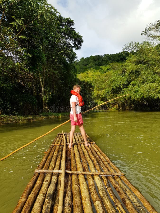 Raft on the River, Man and a Lot of Trees Stock Photo - Image of ...