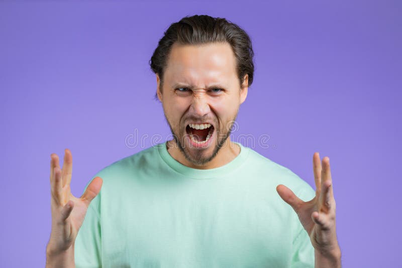 Man in Rage on Violet Background. European Guy in Stress, he is in ...