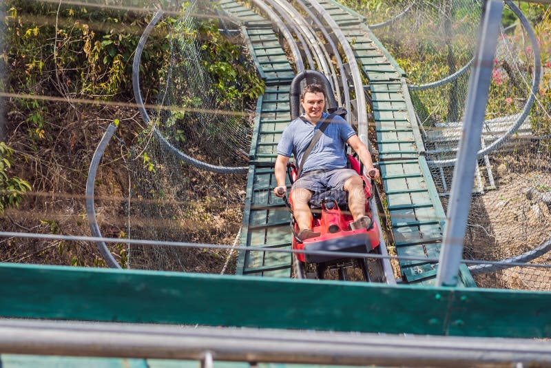 Man on Rail Downhill on a Trolley, Point of View during a Ride on ...