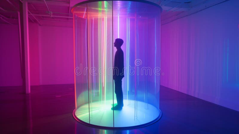Man in Rainbow-lit Cylindrical Art Installation Stock Photo - Image of ...