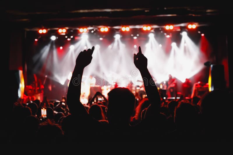 The Man with Raised Hands during the Music Concert. Crowd and Stage ...
