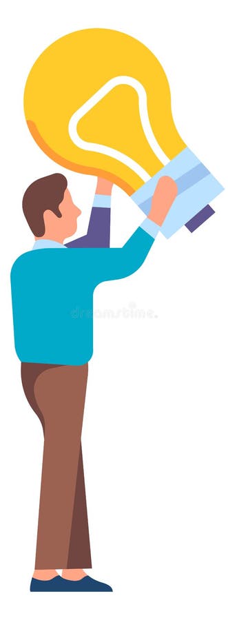 Man Raising Giant Lamp Bulb. Creative Guy Getting Idea Stock Vector ...